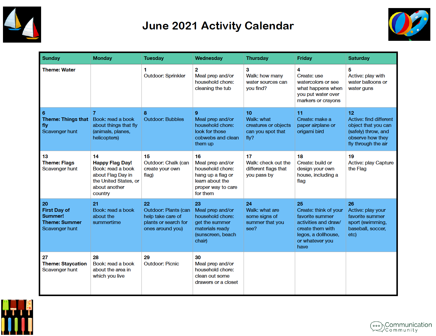 June 2021 Calendar Activities for Language and Communication